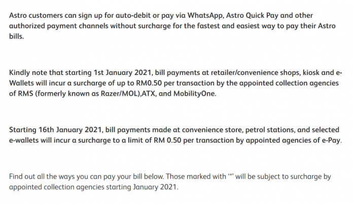 Caj tambahan 50 sen dikenakan untuk beberapa cara pembayaran bil Astro ...