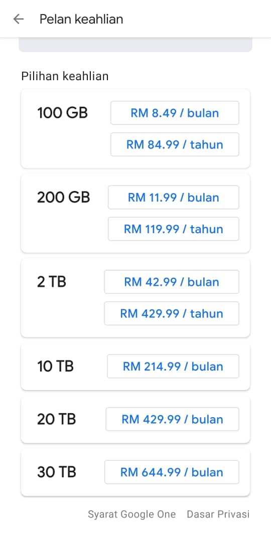 Harga untuk Google One 10TB, 20TB dan 30TB kini lebih murah, bermula ...