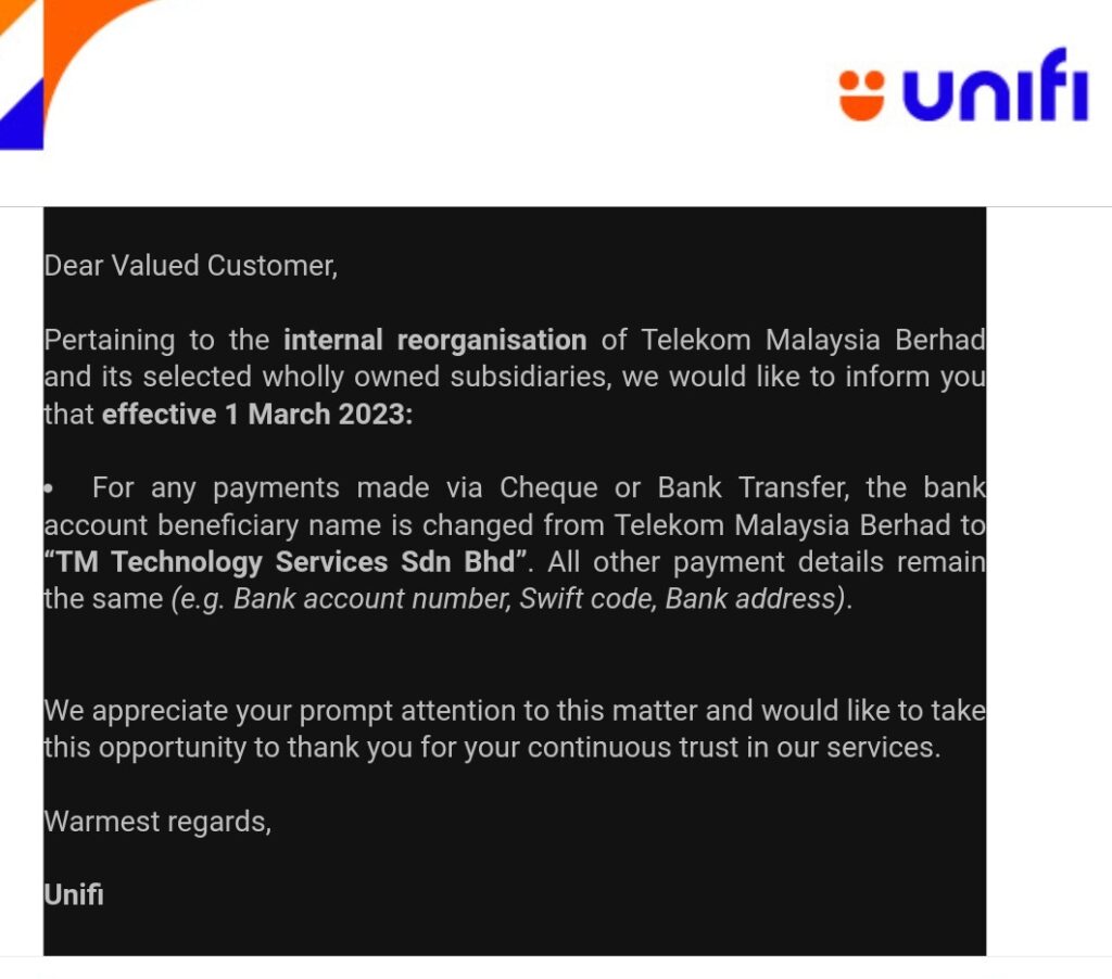 Perhatian kepada pembayar bil unifi! Mulai 1 Mac 2023, TM akan menukar nama akaunnya - TechNave BM