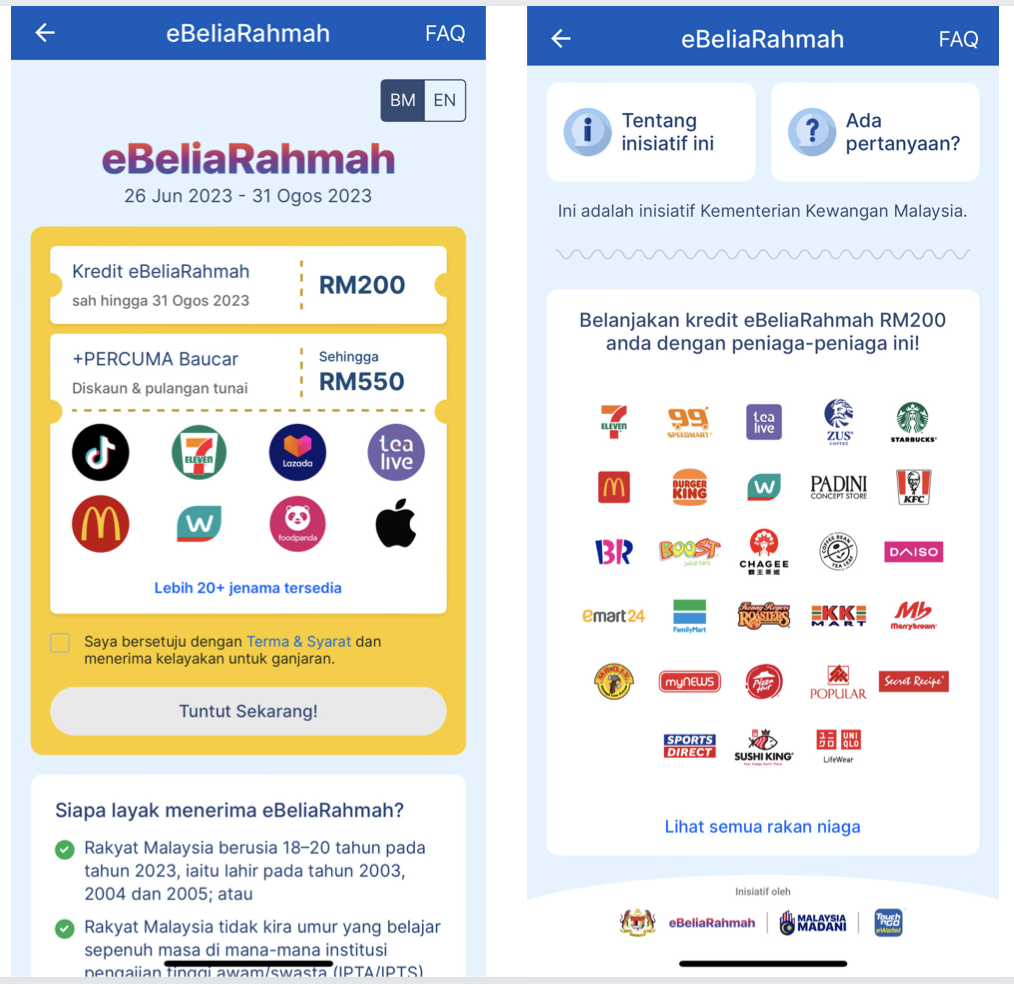 Kredit eBeliaRahmah RM200 boleh ditebus melalui aplikasi Touch 'n Go eWallet, Boost dan Setel ...