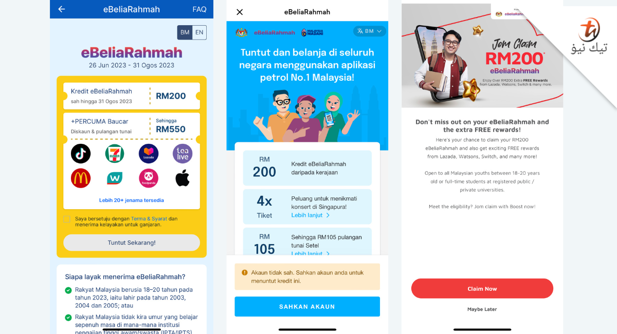 Kredit eBeliaRahmah RM200 boleh ditebus melalui aplikasi Touch 'n Go eWallet, Boost dan Setel ...