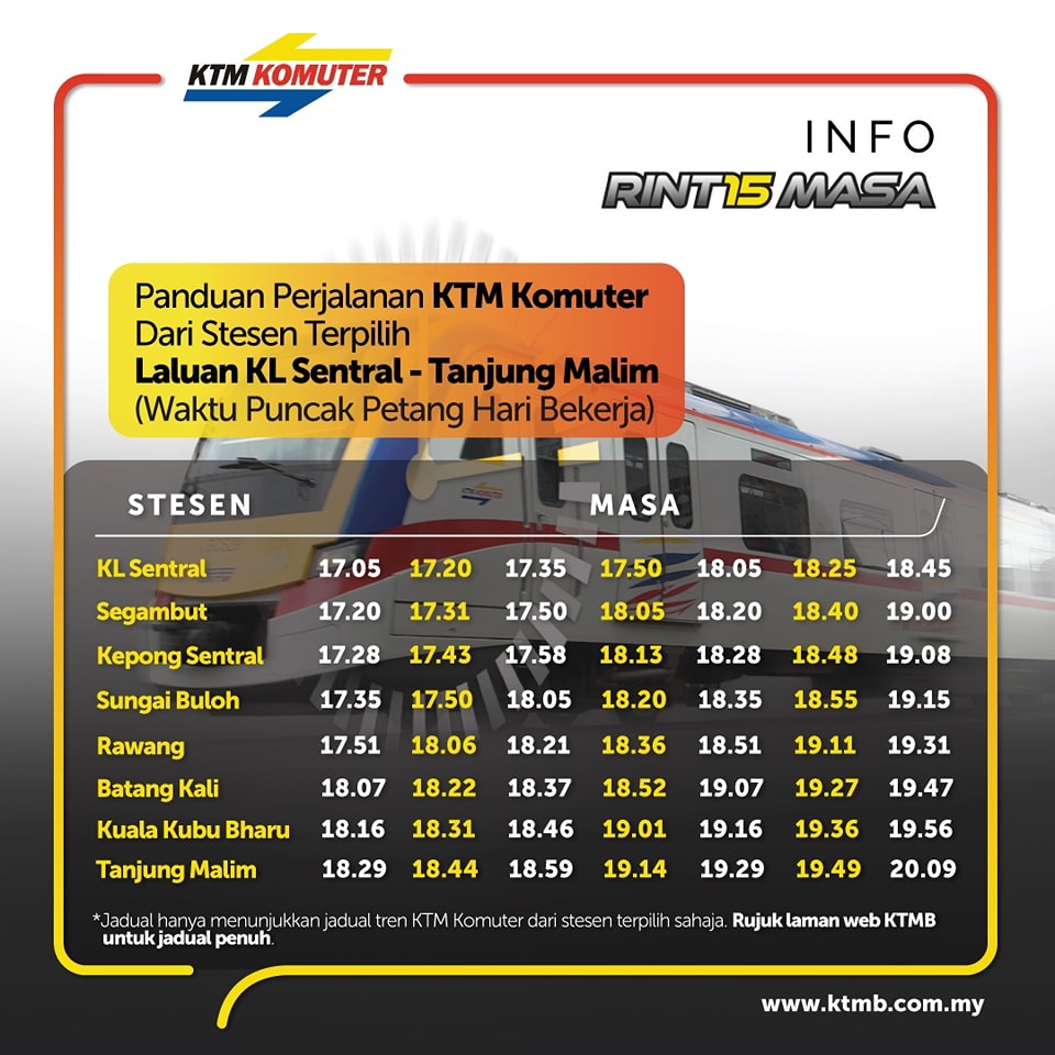 Laluan KTM Komuter Tg Malim – KL Sentral beroperasi dengan frekuensi 15 ...